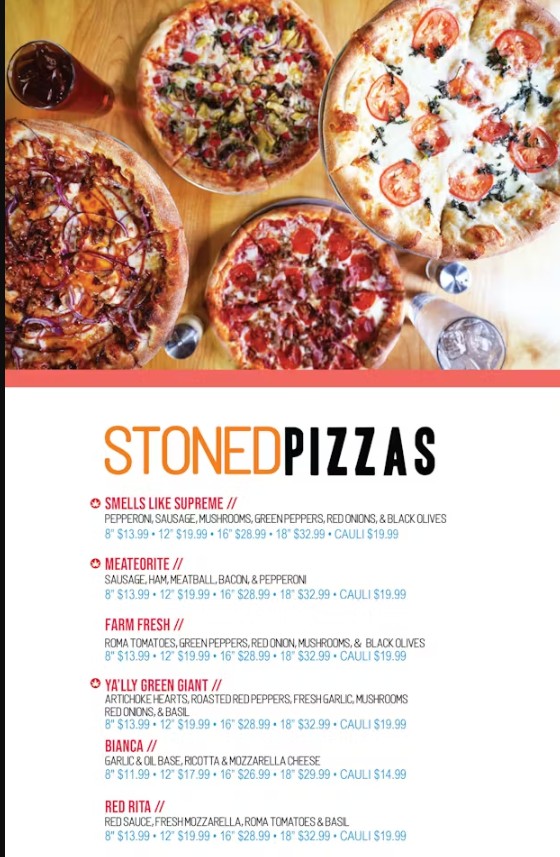 Stoned Pizza Menu | Marijuana-Infused Pizzas, Finger Foods & Desserts ...
